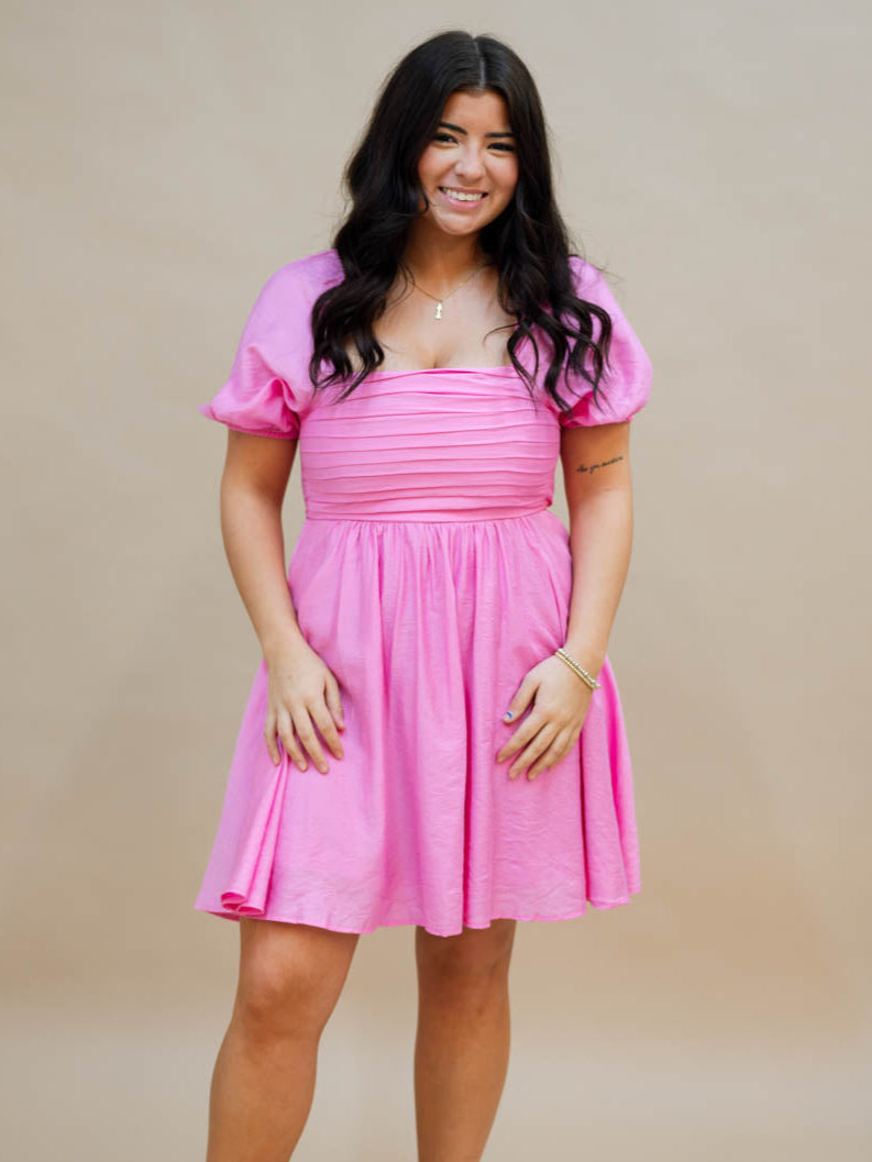 Quincy Puff Sleeve Dress - Pink - LOVE OKIE